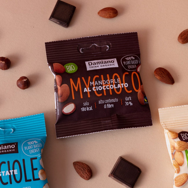 Mandorle al cioccolato fondente Snack Break 5x30g – Damiano Organic